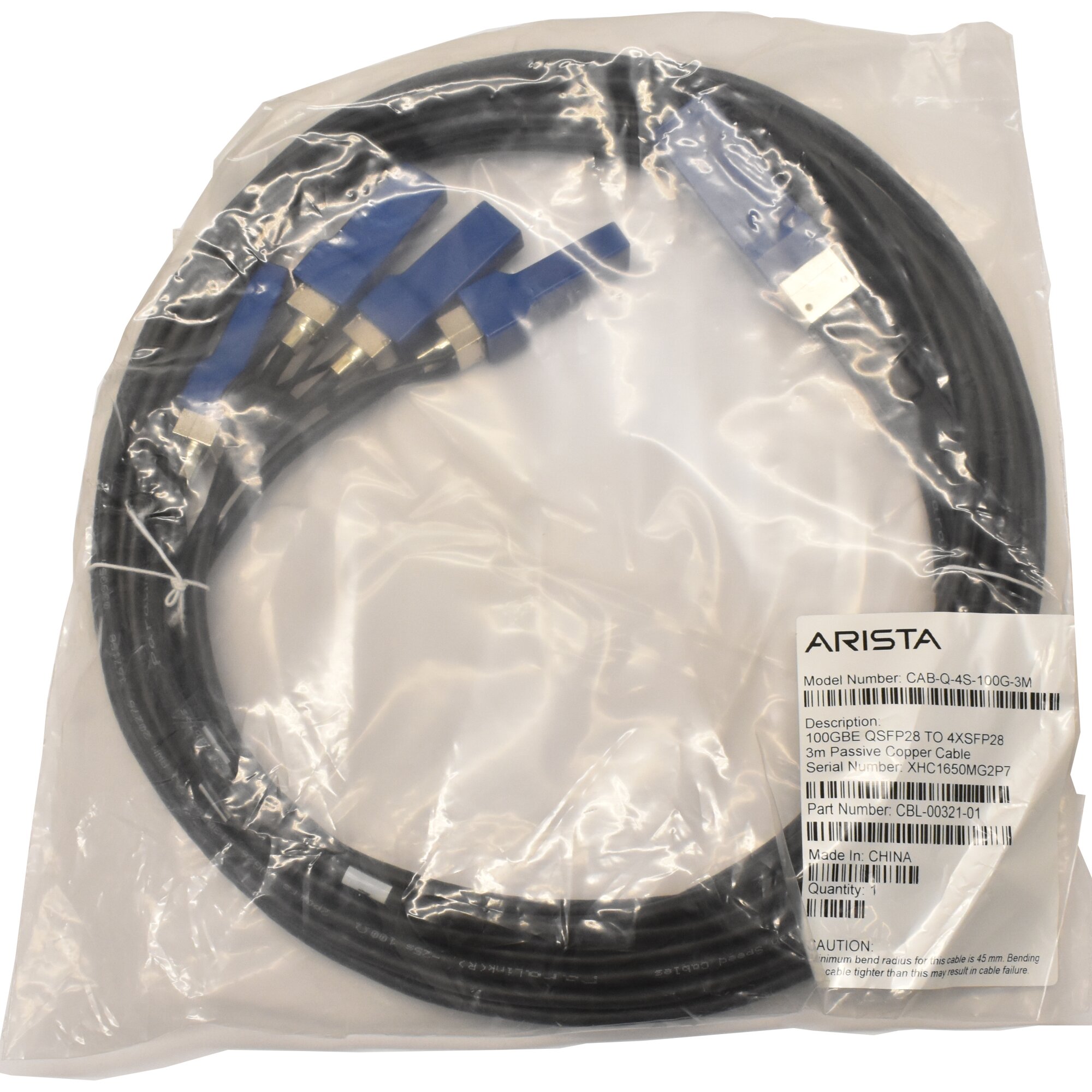 Arista CAB-Q-4S-100G-3M 100GbE QSFP28 TO 4XSFP28 3m Passive Copper Cable 3m CBL-00321-01 NEW NEU
