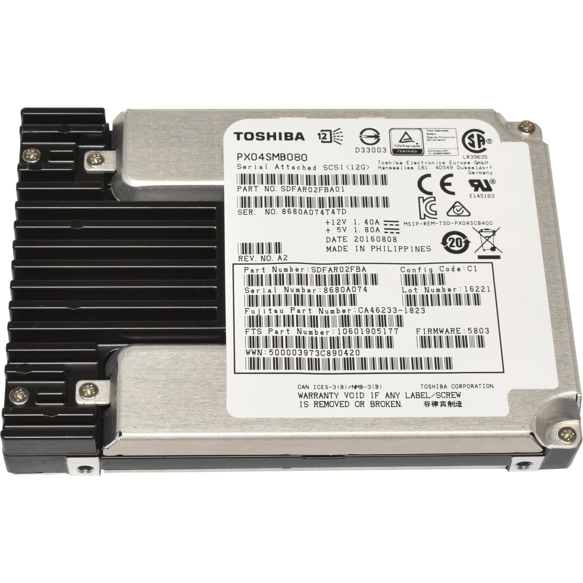 Fujitsu Toshiba 800GB 2.5" 12G SAS SSD PX04SMB080 SDFAR02FBA
