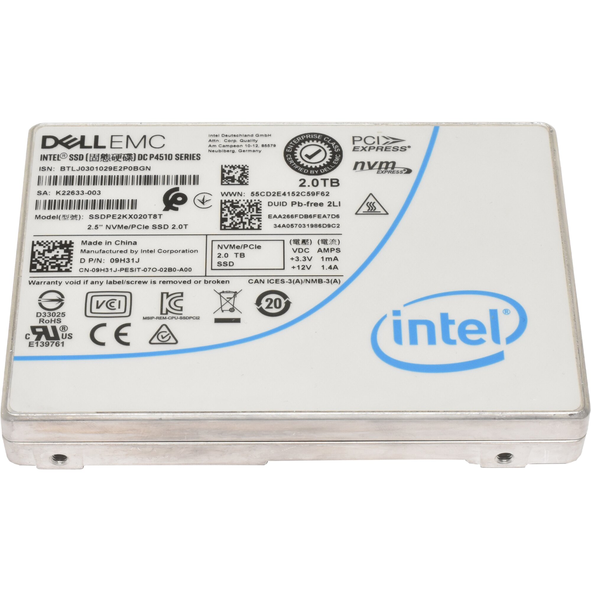 Dell EMC Intel SSD DC P4510 Series 2TB 2.5" NVMe SAS SSDPE2KX020T8T ...