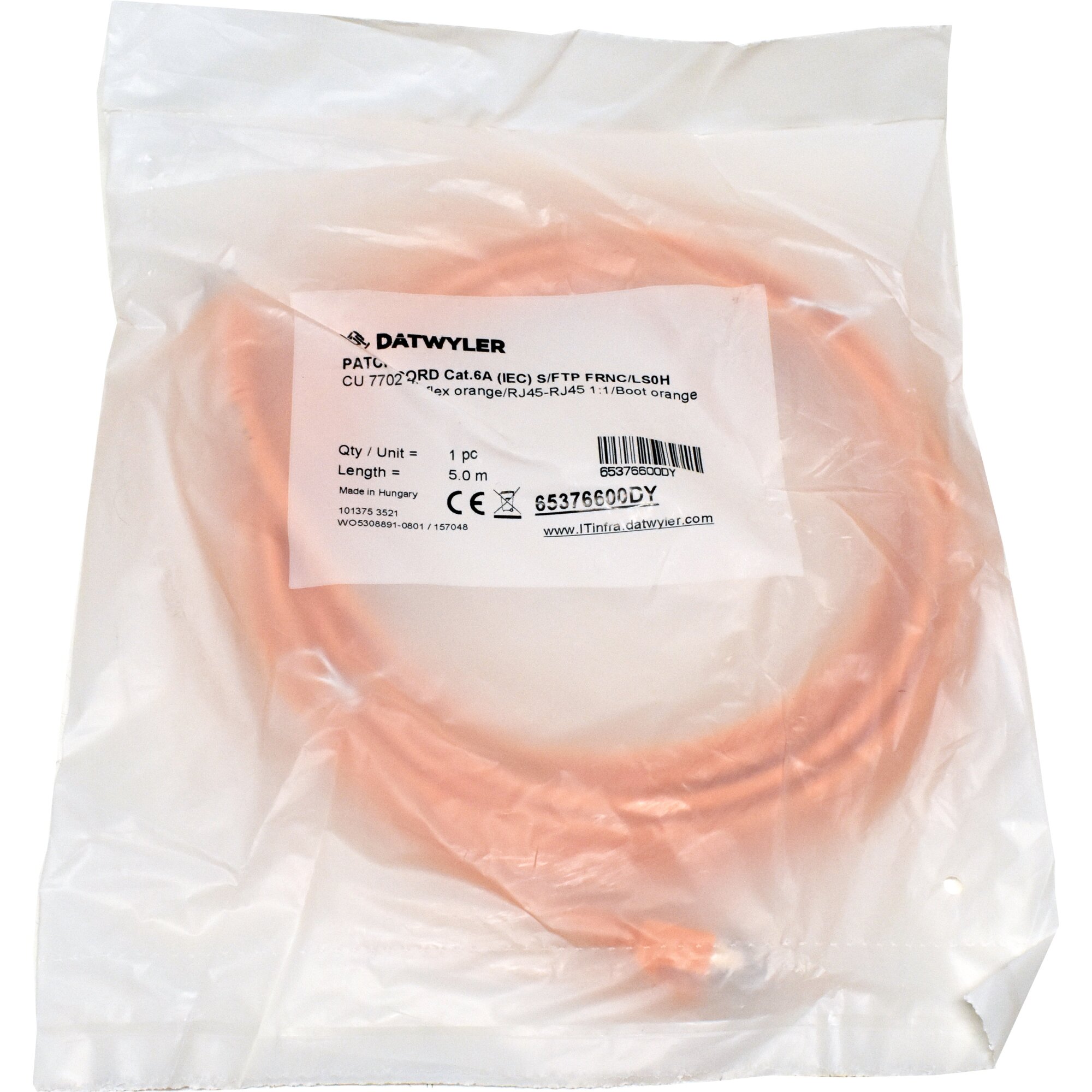 Dätwyler 5m 65376600DY Copper Patch Cord RJ-45 Cat.6A IEC orange NEW NEU