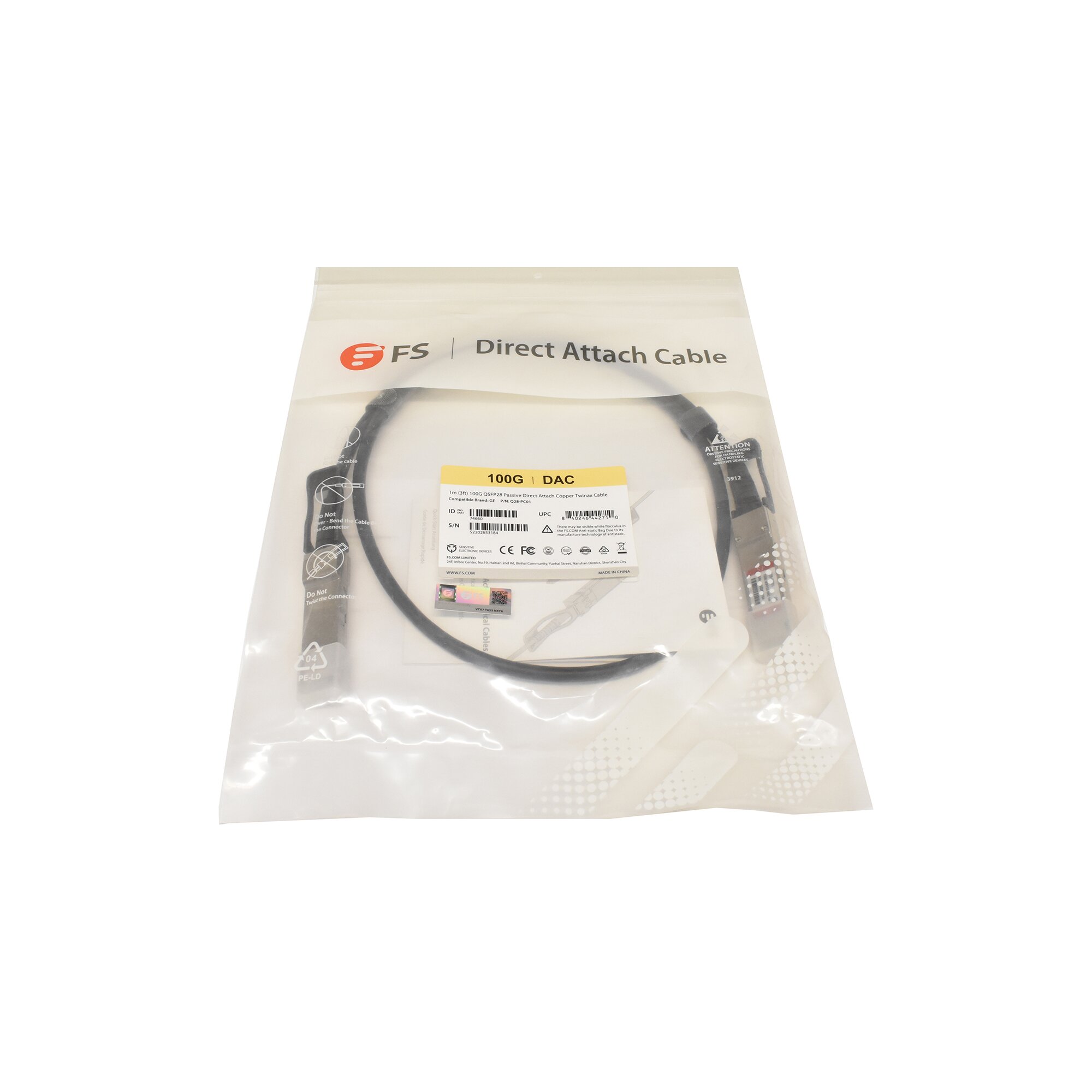 FS Q28-PC01 1m 100GbE QSFP28 Passive DAC Twinax Kabel NEU - Piospartslap
