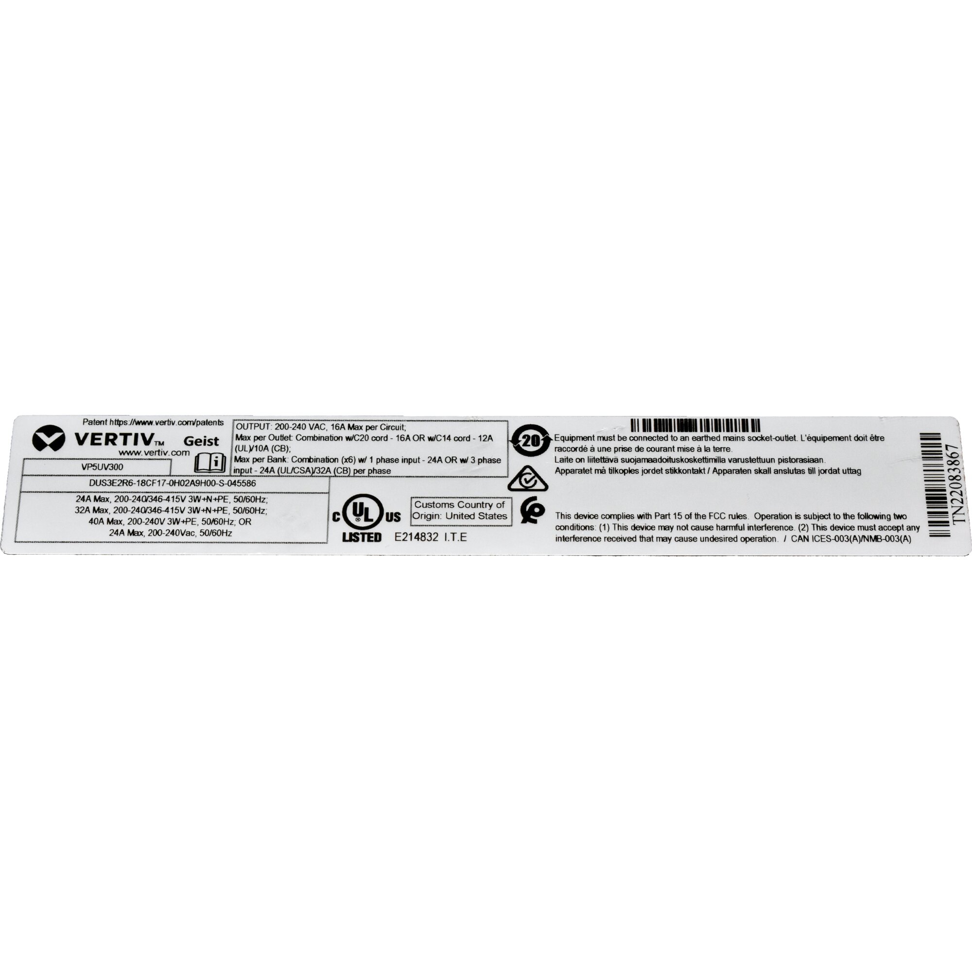 Vertiv Geist VP5UV300 DUS3E2R6-18CF17-x 18 x C13 16A per Circuit PDU ...