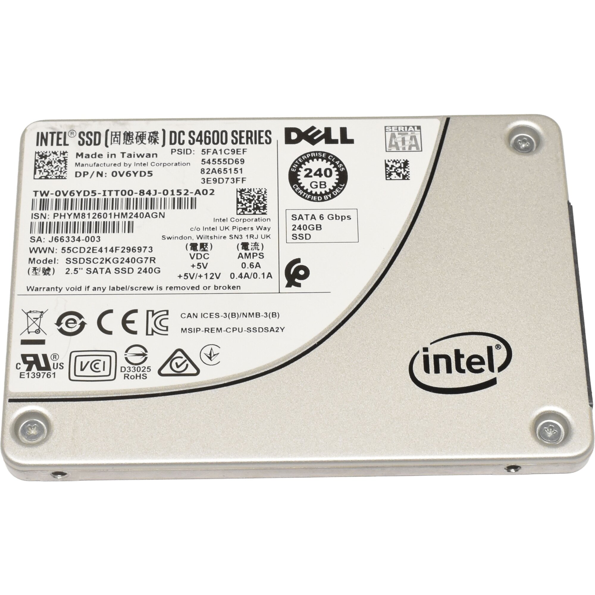 Dell Intel DC S4600 Series 240GB 2.5" 6G SATA SSD SSDSC2KG240G7R 0V6YD5 ...