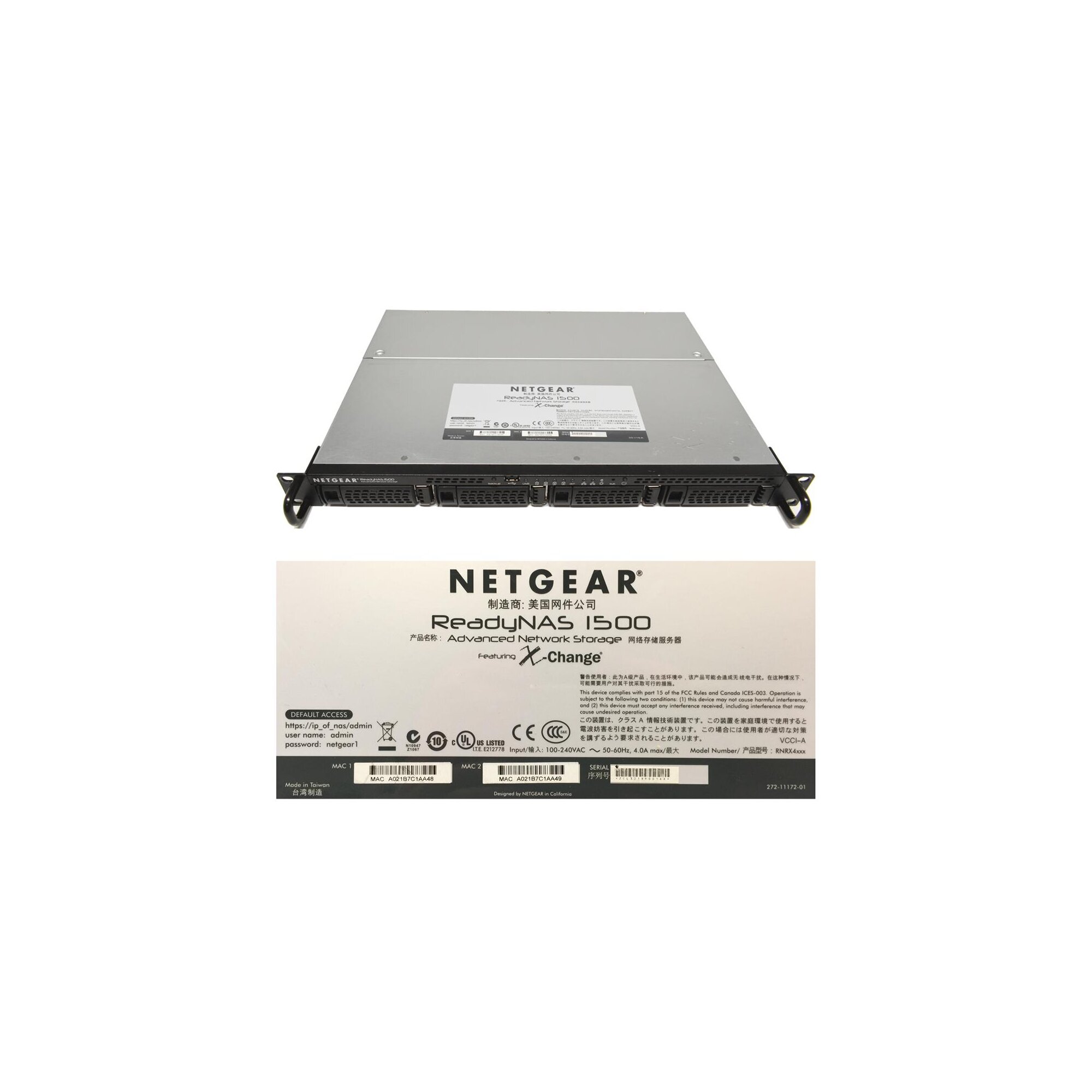 NETGEAR ReadyNAS 1500 Advanced Network Storage Model RNRX442E-100EUS 4x ...